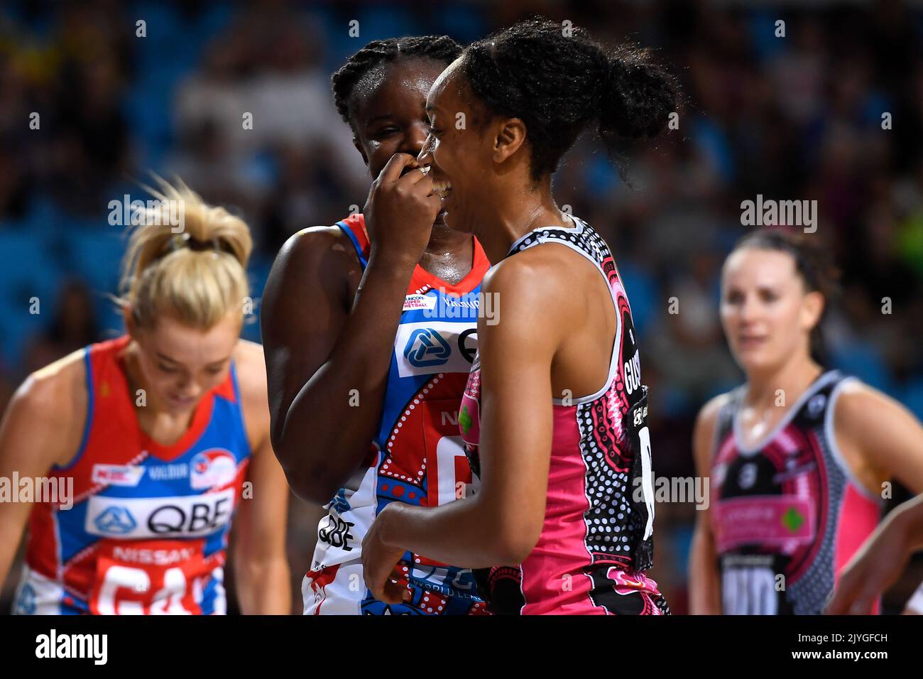 Sam Wallace of the Swifts and Layla Guscoth of the Thunderbirds laugh ...