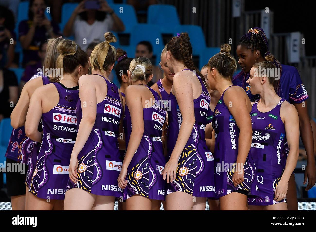 The Queensland Firebirds huddle during the Round 13 Super Netball match ...