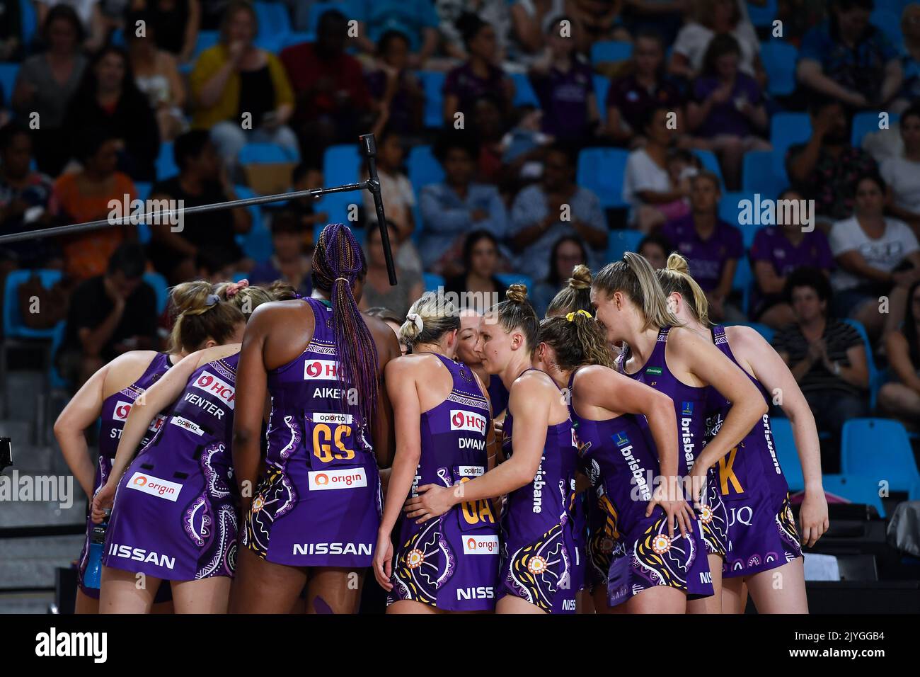 A general view is seen as Queensland Firebirds players huddle during ...