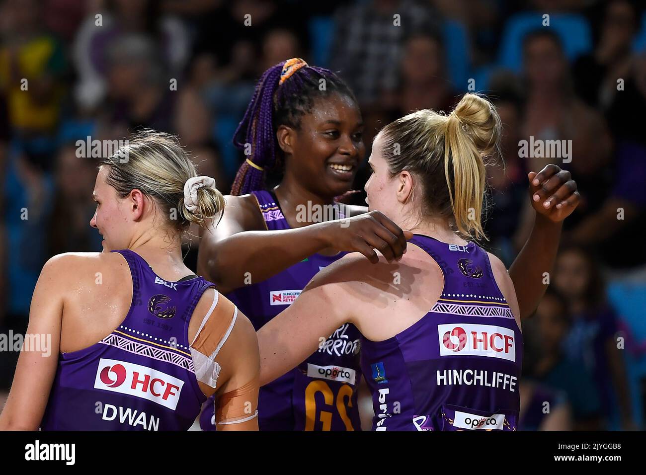 Romelda Aiken of the Firebirds hugs Tara Hinchliffe after their victory ...