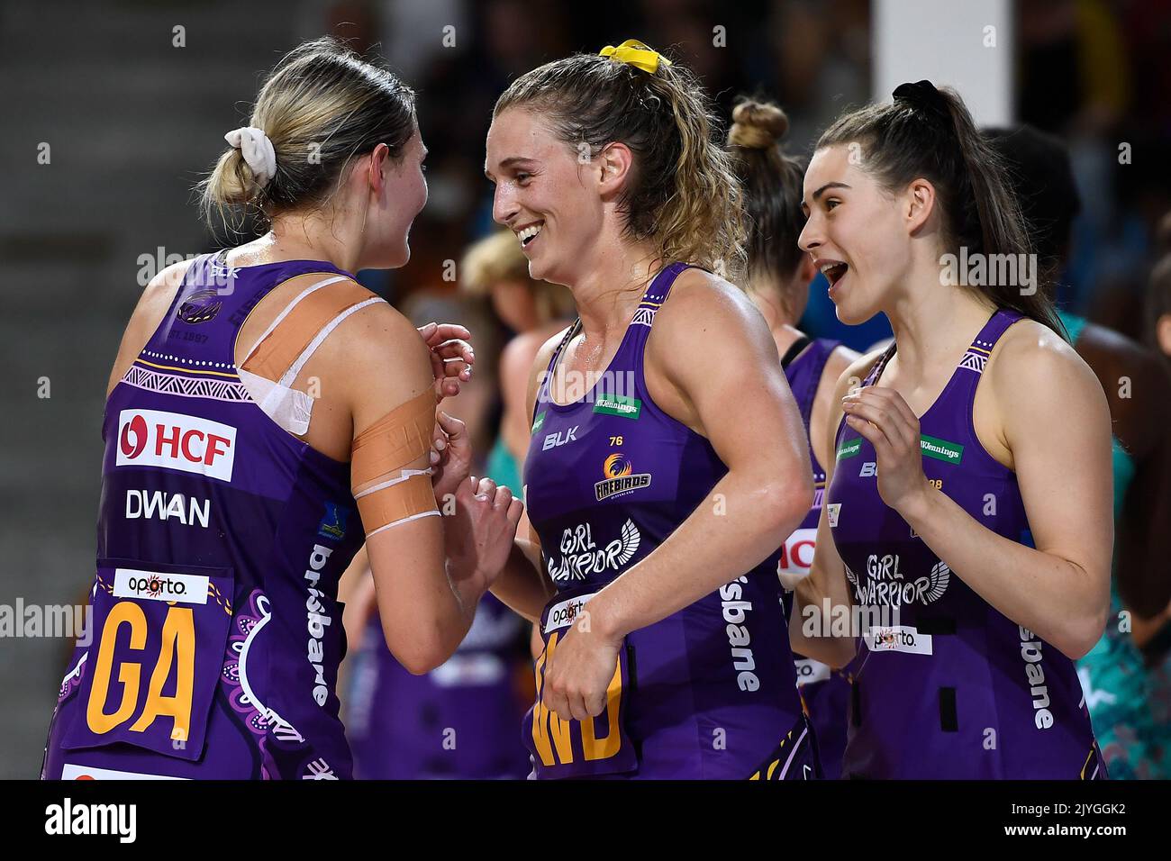 Queensland Firebirds players (L-R) Tippah Dwan, Gabi Simpson and Macy ...