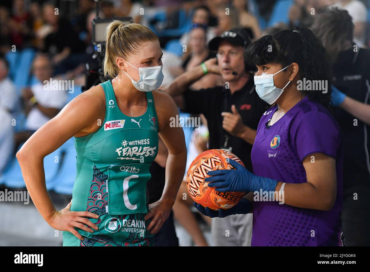 Kate Moloney of the Vixens gifts the matchball to a Diamond Spirit ...