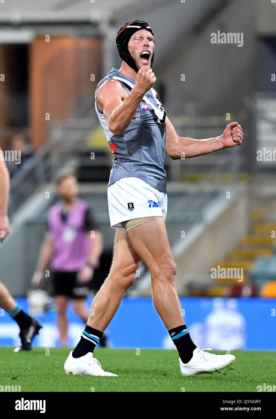 Brad Ebert of the Power celebrates kicking a goal during the Round 18 ...