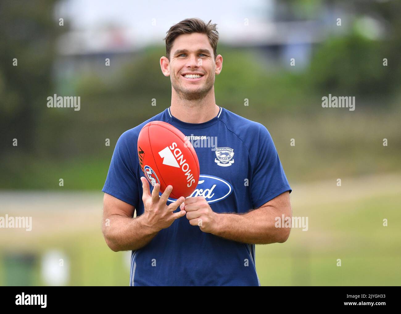 Geelong Cats player and Coleman Medallist Tom Hawkins is seen after a ...