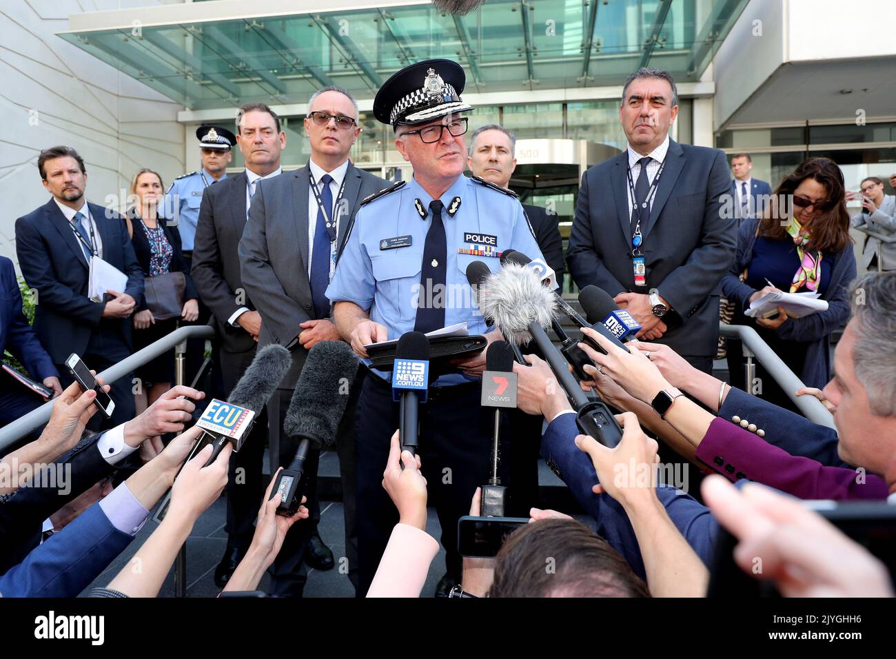 WA Police Commissioner Chris Dawson speaks to the media outside the ...