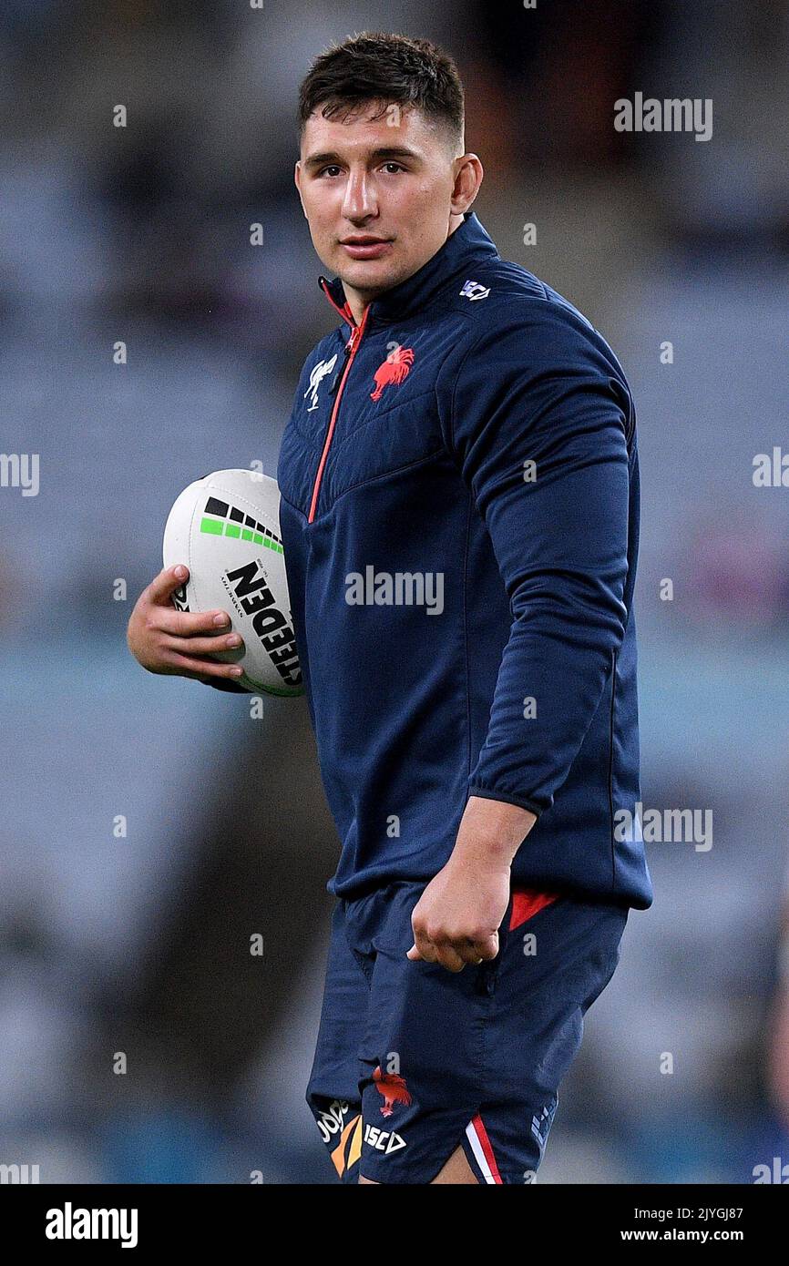 Victor Radley of the Roosters looks on during the warm up ahead of the ...