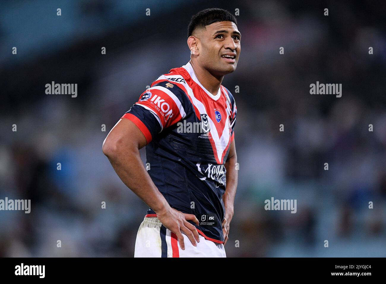 Daniel Tupou of the Roosters reacts during the Round 20 NRL match ...