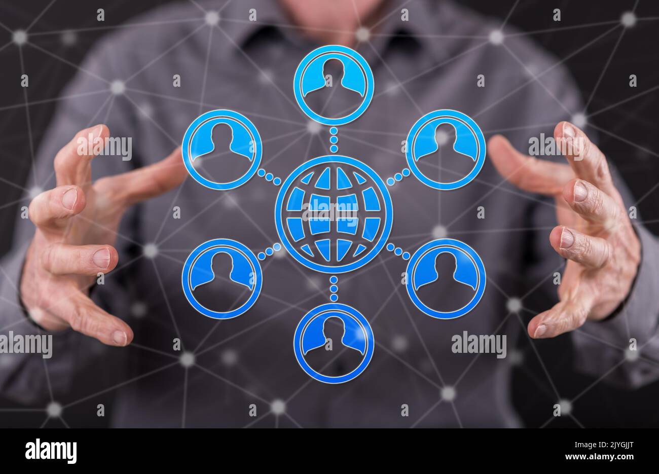 Globalization concept between hands of a man in background Stock Photo ...