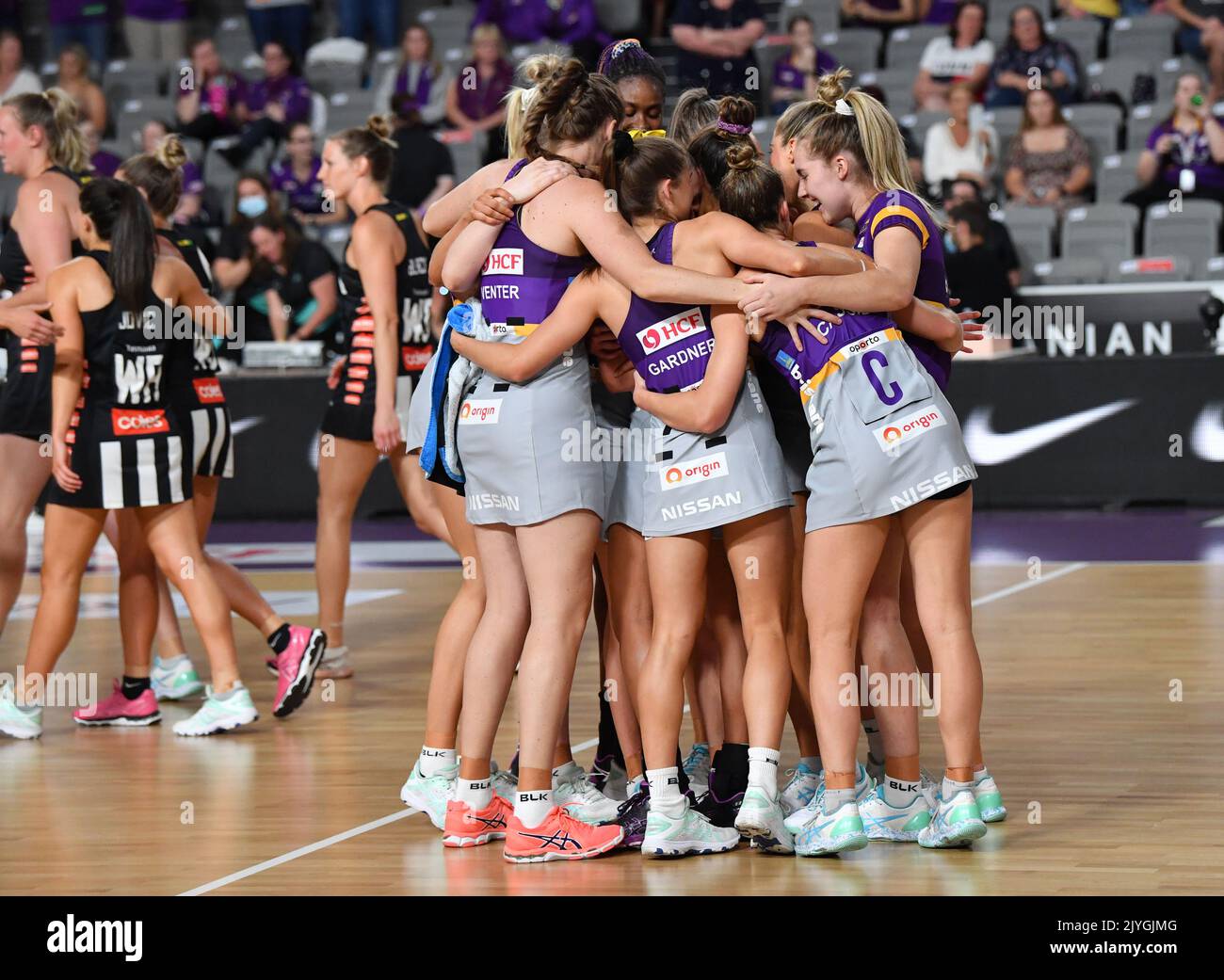 Firebirds players celebrate winning the Round 14 Super Netball match ...