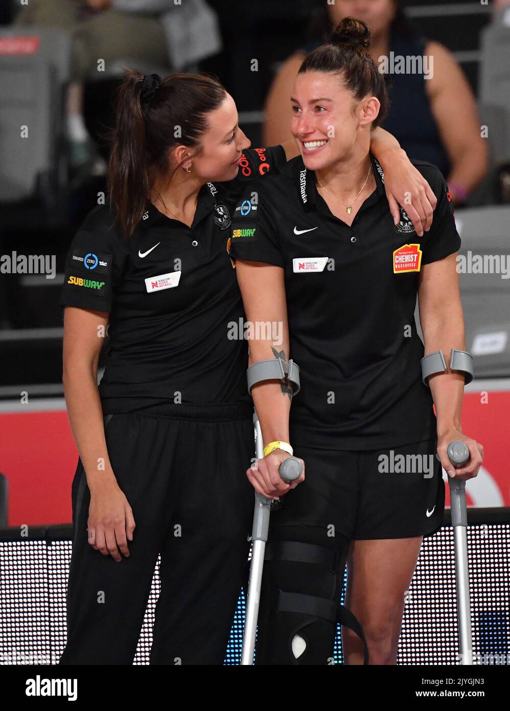 Madi Browne (right) of the Magpies is seen with her sister Kelsey ...