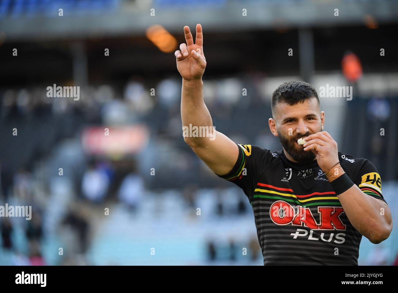 Josh Mansour of the Panthers applauds their supporters during the Round ...