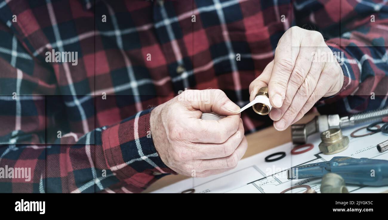 Plumber putting seal tape on a thread of a plumbing fitting, geometric ...