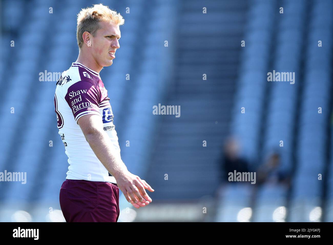Ben Trbojevic of the Sea Eagles warms up during the Round 20 NRL match ...