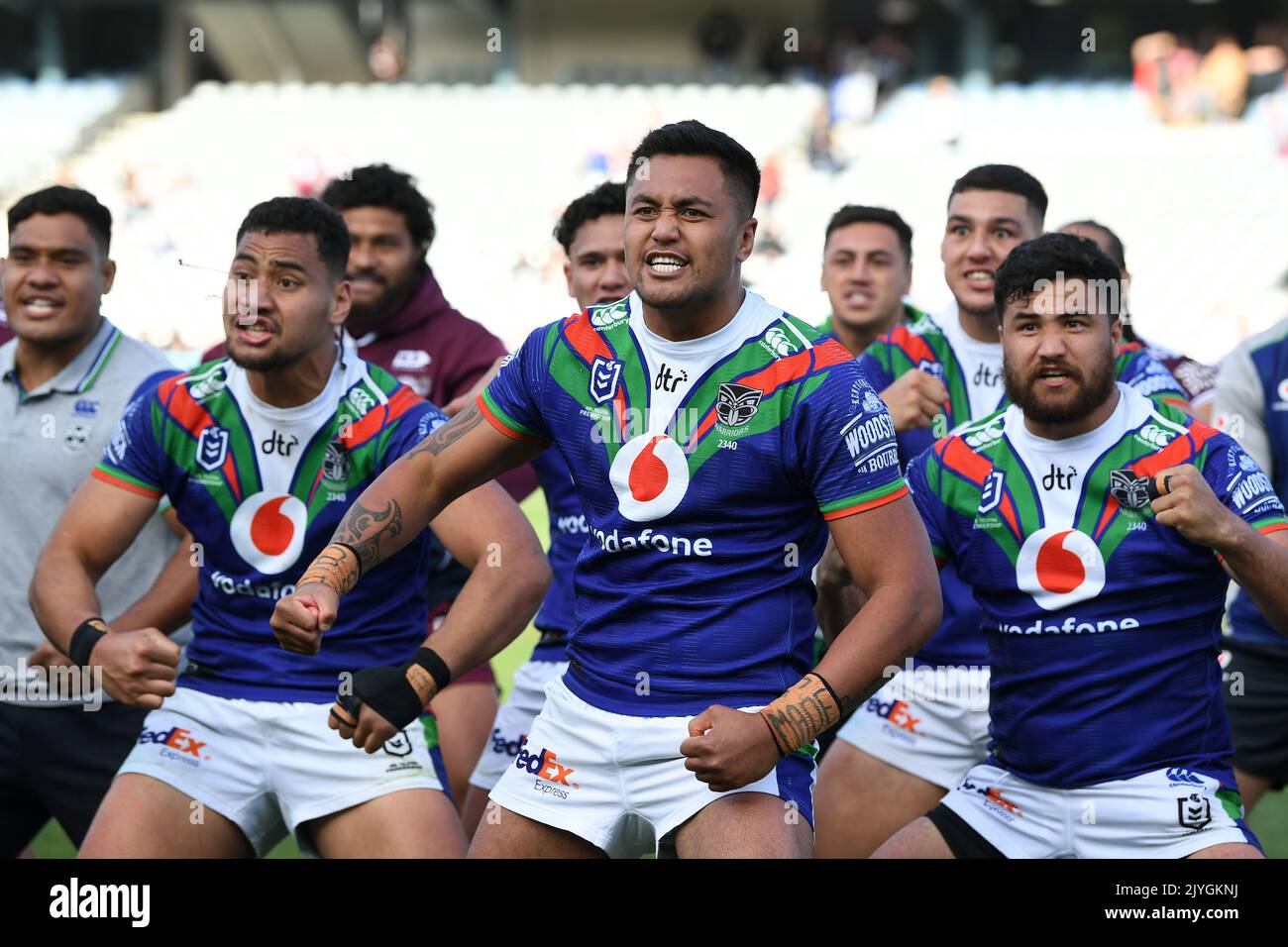 Warriors players perform a Haka following during the Round 20 NRL match ...