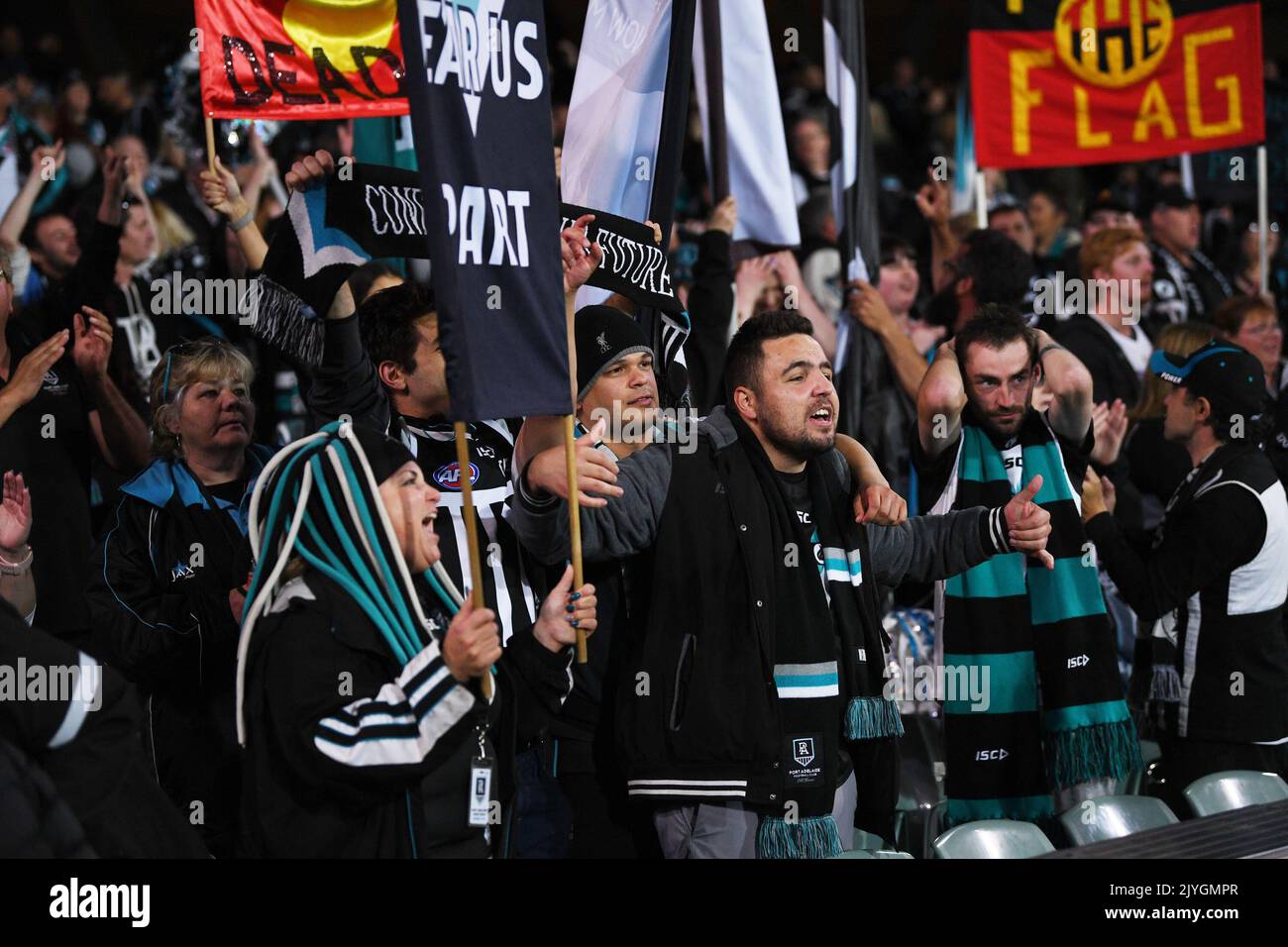 Port fans celebrate after the Qualifying Final 1 AFL match between Port ...