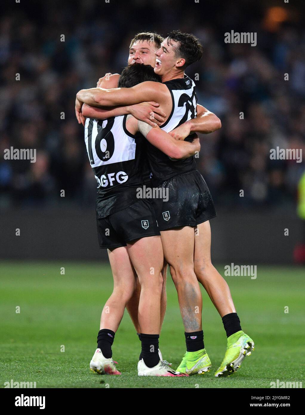Zak Butters and Connor Rozee of the Power celebrate after Qualifying ...