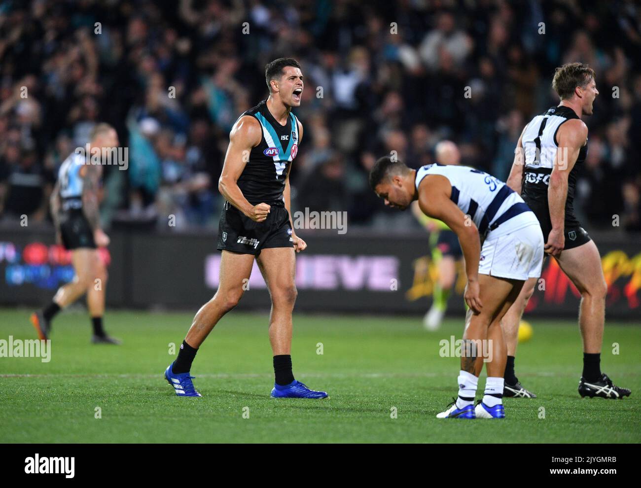 Ryan Burton of the Power celebrates after Qualifying Final 1 AFL match ...
