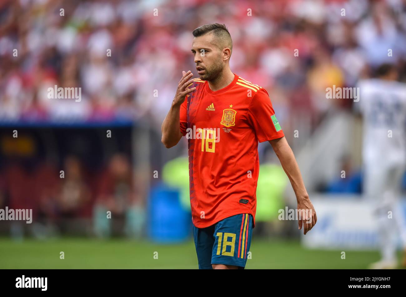 Moscow, Russia - July 1, 2018. Spain national football team left-back Jordi Alba during FIFA ...