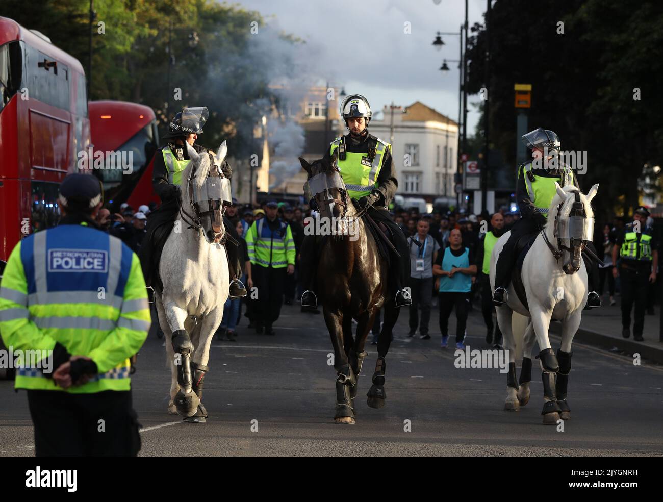 London, UK. 7th Sep, 2022. Mounted police officers are seen ahead of a ...