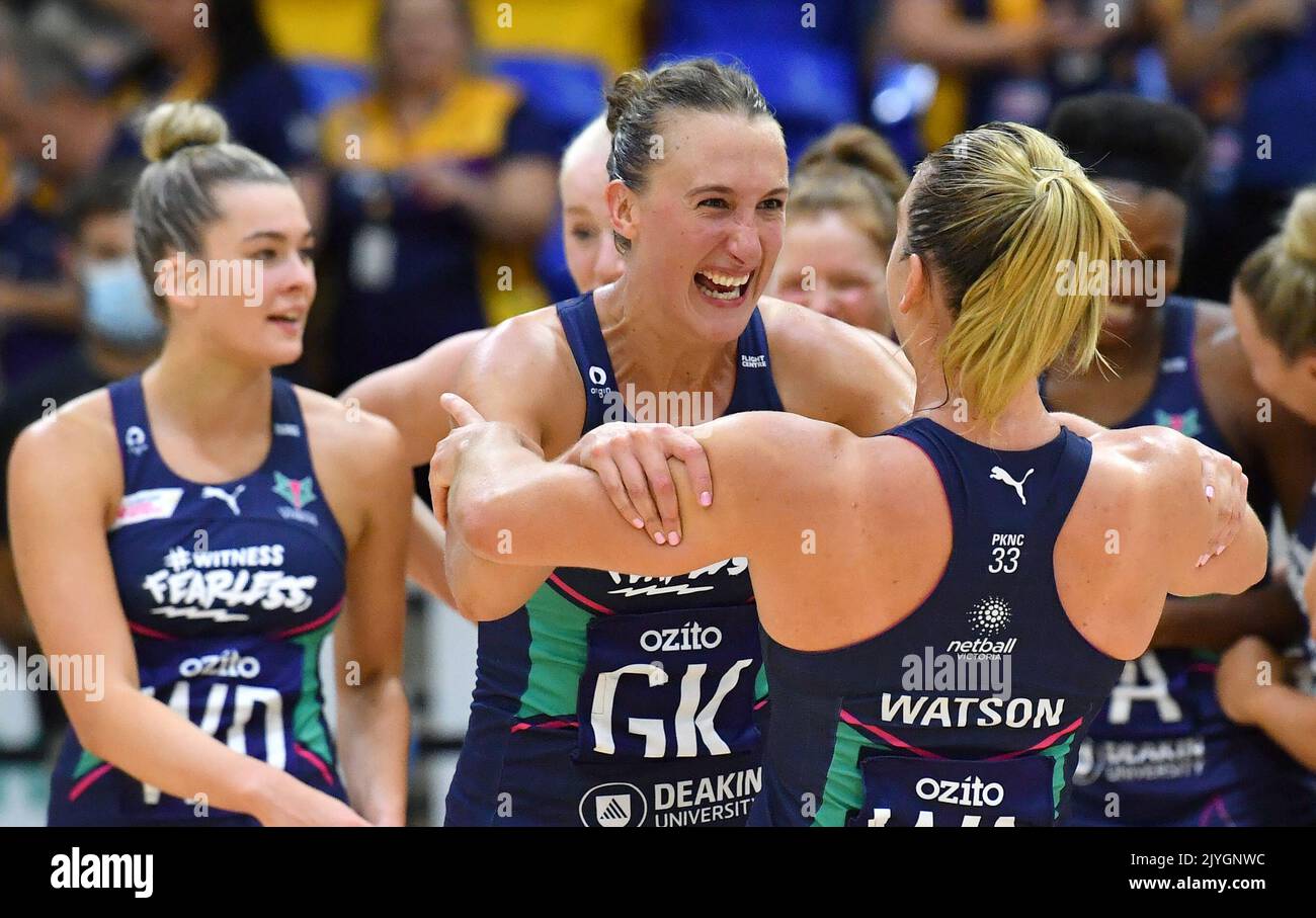 Emily Mannix (centre) and Liz Watson (right) of the Vixens celebrates ...