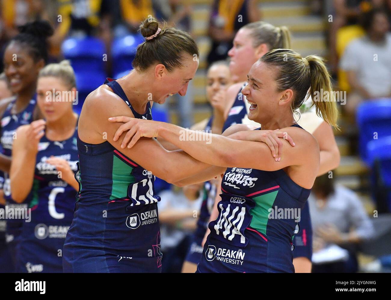 Emily Mannix (centre) and Liz Watson (right) of the Vixens celebrates ...
