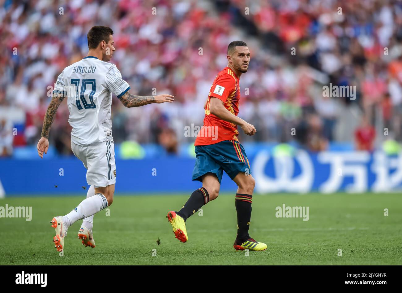 Moscow, Russia - July 1, 2018. Russia striker Fedor Smolov and Spain ...
