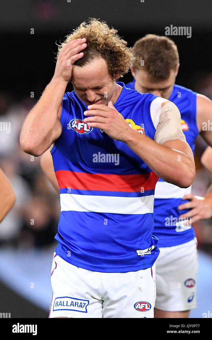 Mitch Wallis of the Bulldogs (centre) and teammates react following the ...