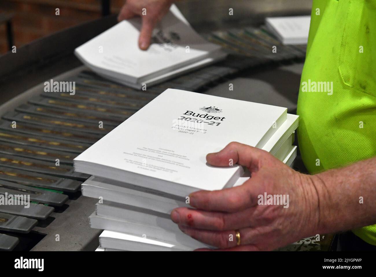 The 2020-2021 Budget Papers are seen at a printing facility prior to ...