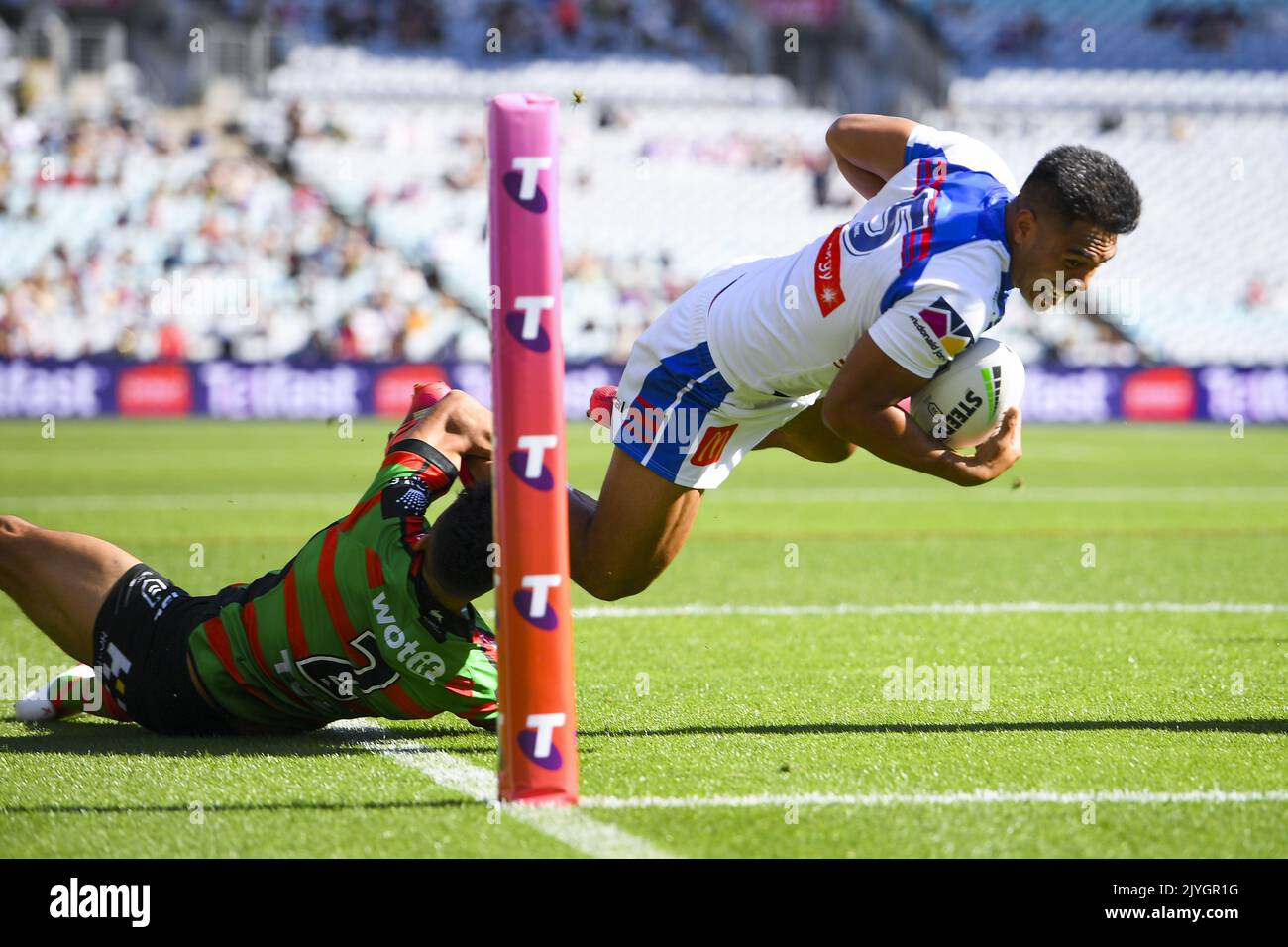 Hymel Hunt of the Knights scores a try during the second NRL ...