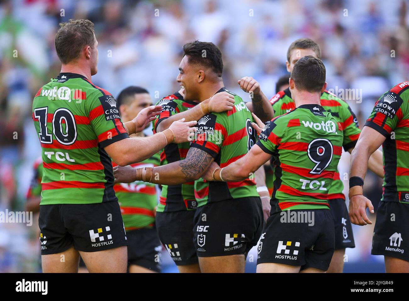 Tevita Tatola of the Rabbitohs celebrates after scoring a try during ...