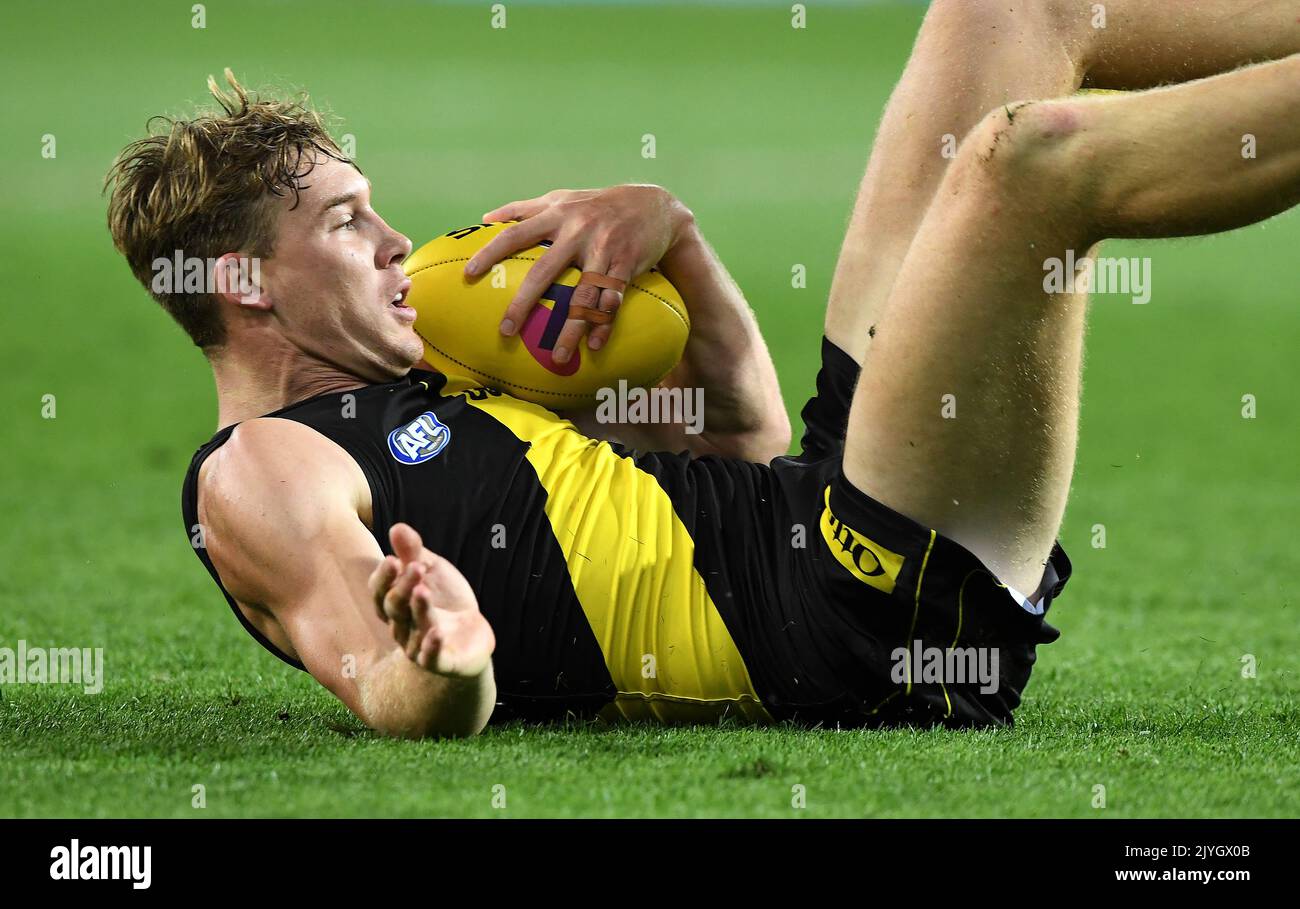 Tom Lynch of the Tigers takes a mark during the AFL Semi Final 1 match ...