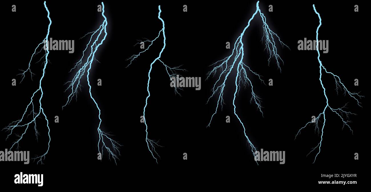 Set of different lightning bolts isolated on black background Stock ...