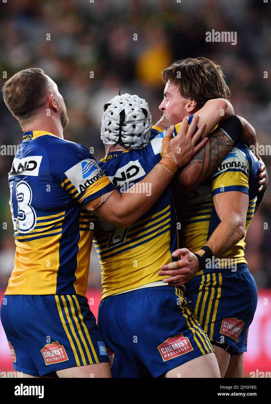 Clinton Gutherson of the Eels celebrates his try during the NRL second ...