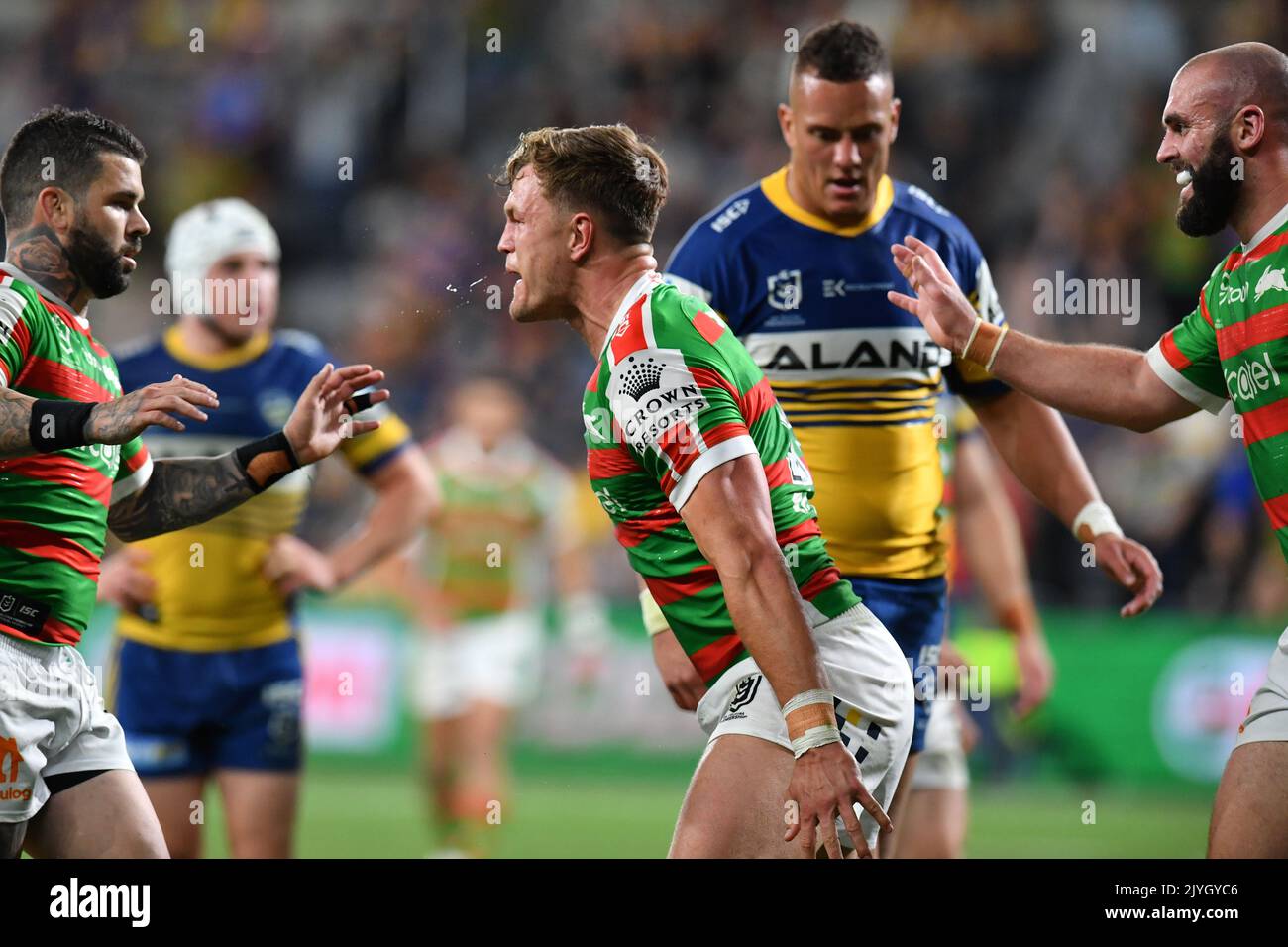 Liam Knight of the Rabbitohs celebrates his try during the NRL second ...