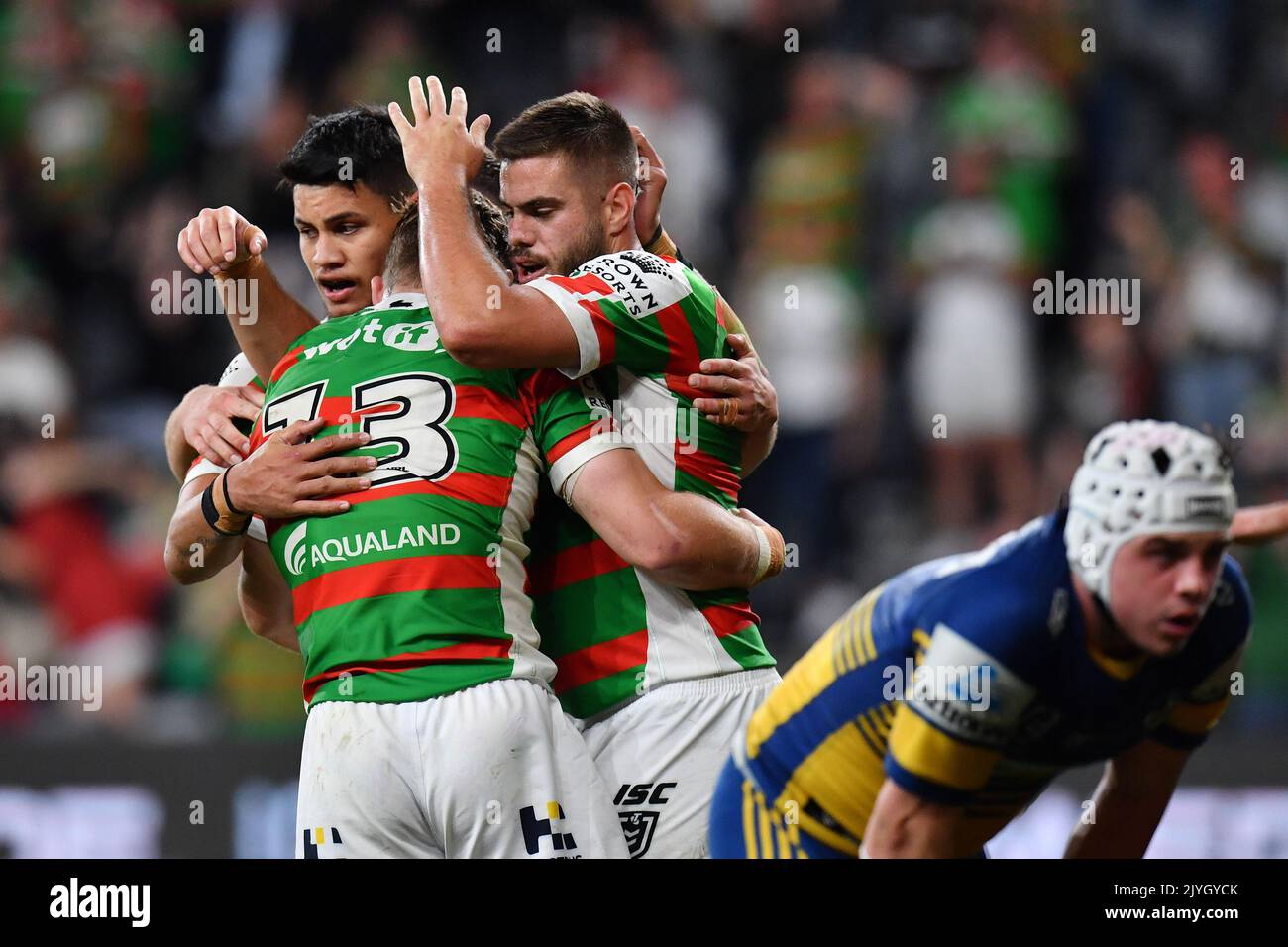 The Rabbitohs celebrate Cameron Murray's try during the NRL second Semi ...