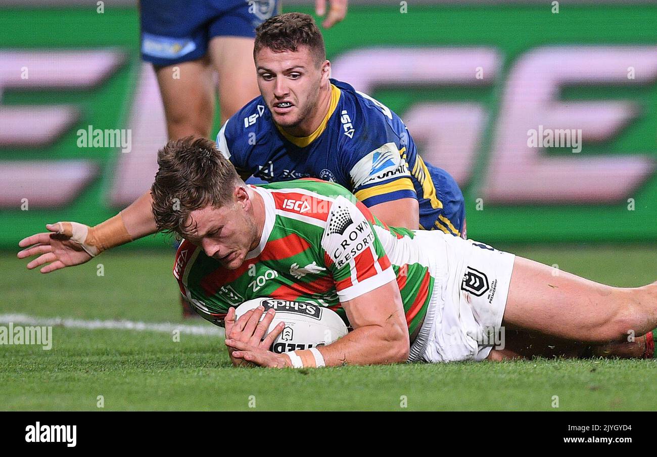 Liam Knight of the Rabbitohs scores a try during the second NRL Semi ...
