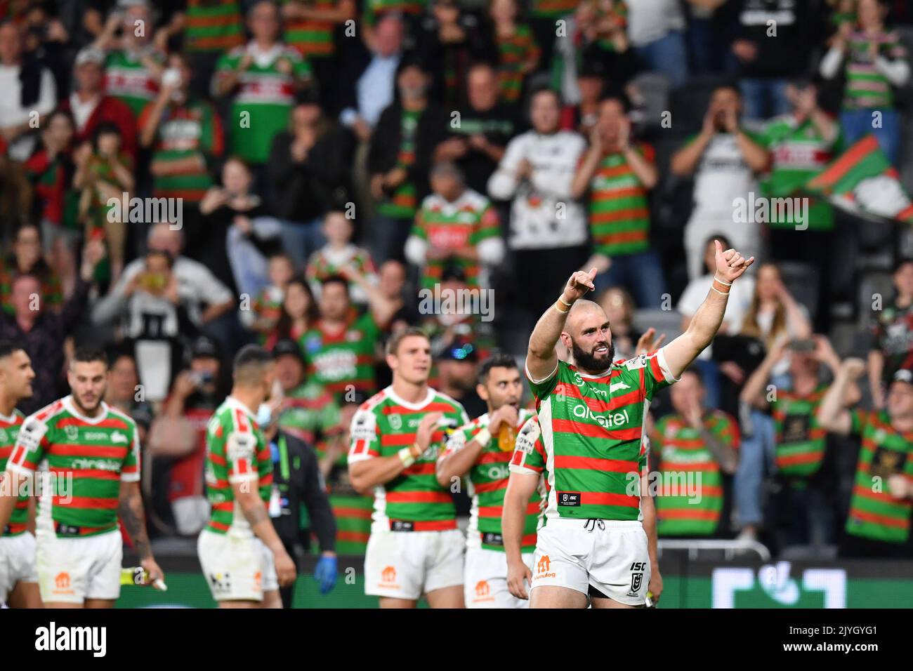 The Rabbitohs thank their supporters after their win over Eels during ...