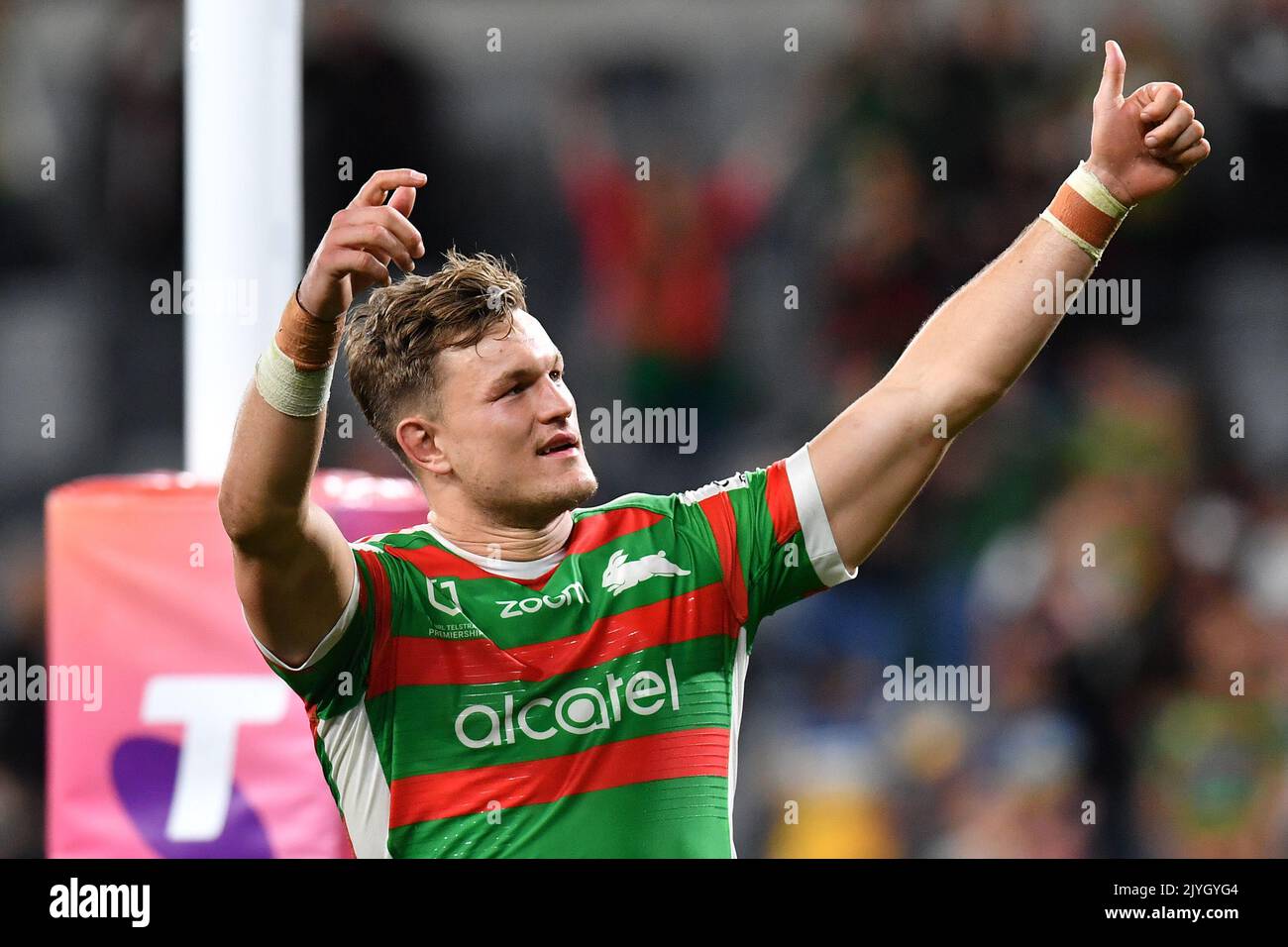 Liam Knight of the Rabbitohs thanks their supporters following their ...