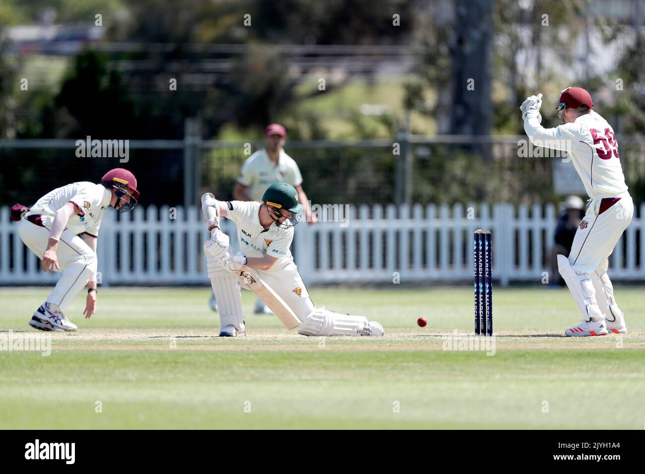 Jake Doran of the Tasmanian Tigers plays a shot during day 4 of the ...