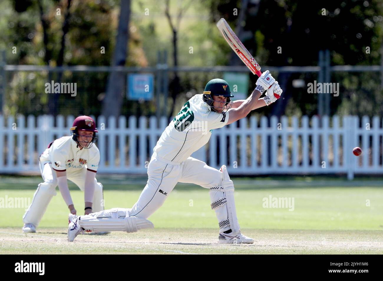 Beau Webster of the Tasmanian Tigers plays a shot during day 4 of the ...