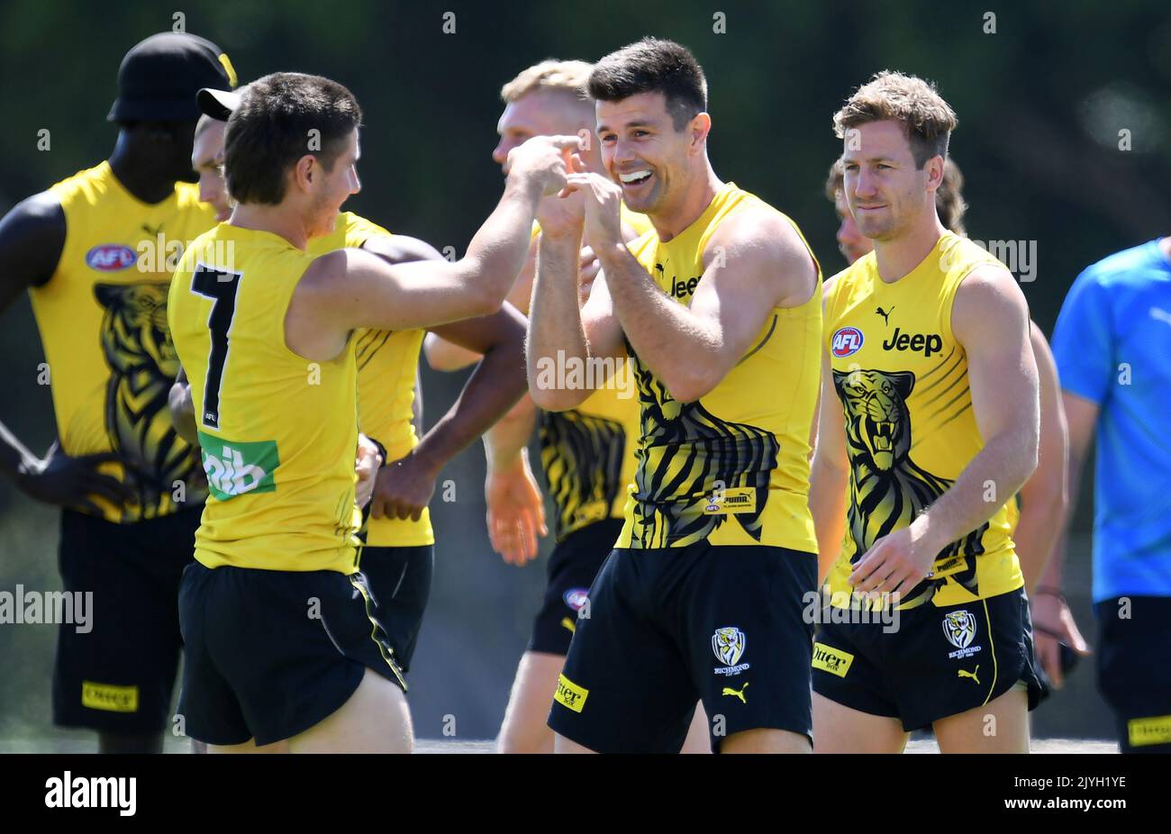 Liam Baker (left) and Trent Cotchin play-fight during Richmond Tigers ...