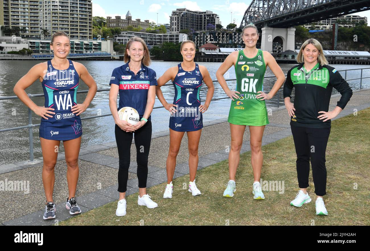 (Left to right) Melbourne Vixens Liz Watson, coach Simone McKinnis and ...