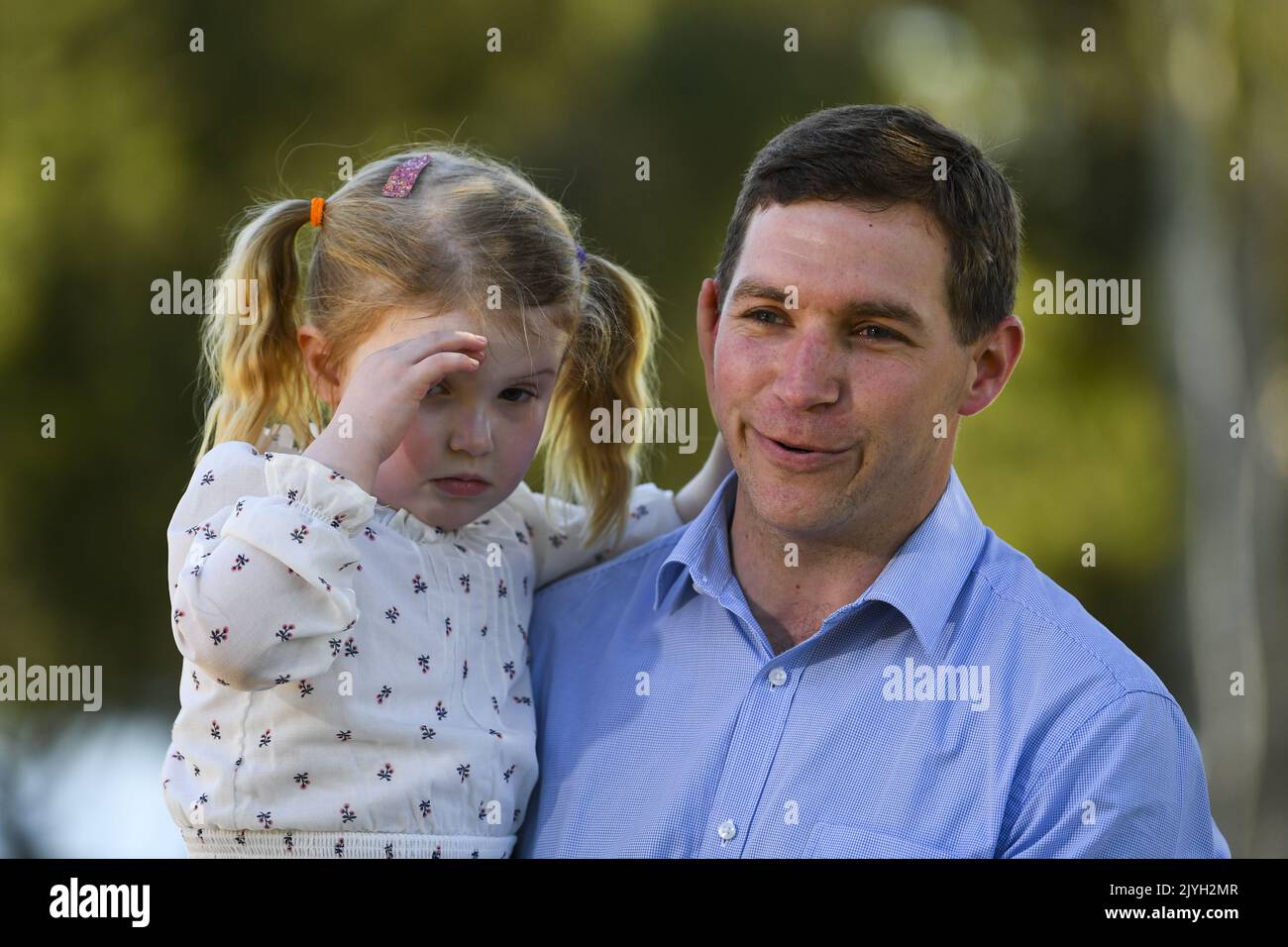 Leader of the Canberra Liberals Alistair Coe holds his daughter ...