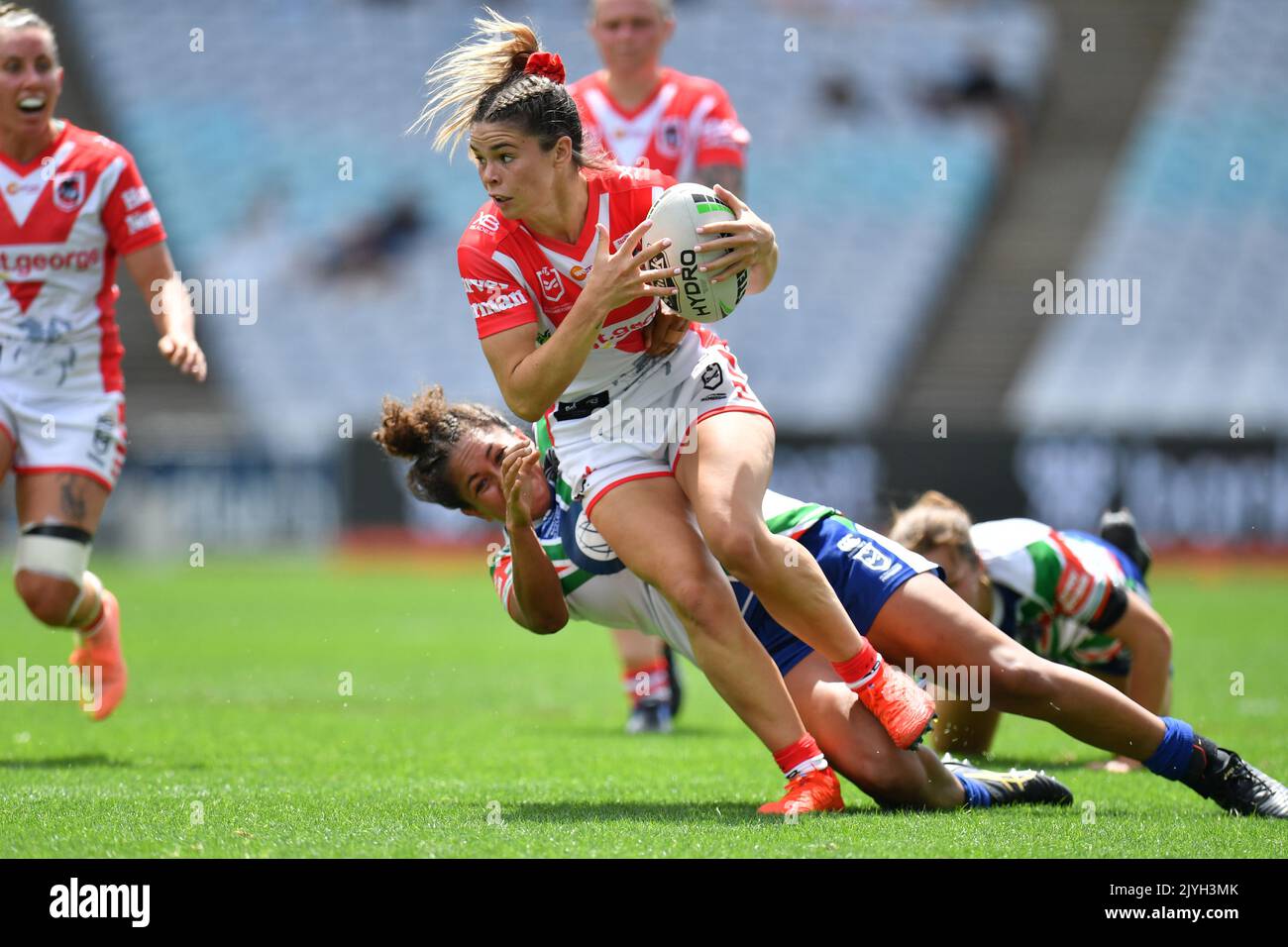 Sam Brenner of the Dragons off loads the ball during the NRLW match ...