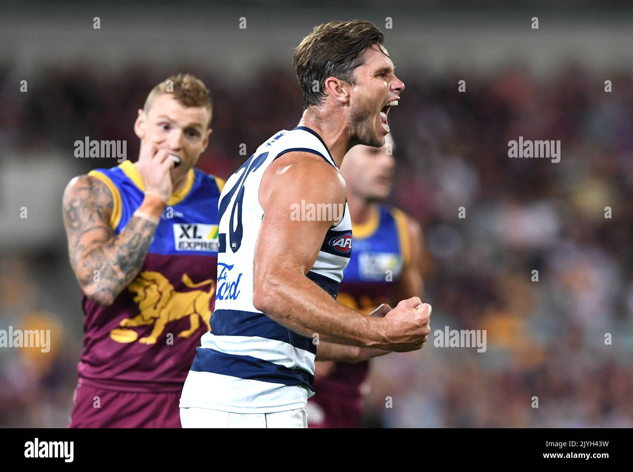 Tom Hawkins of the Cats reacts after kicking a goal during the Second ...