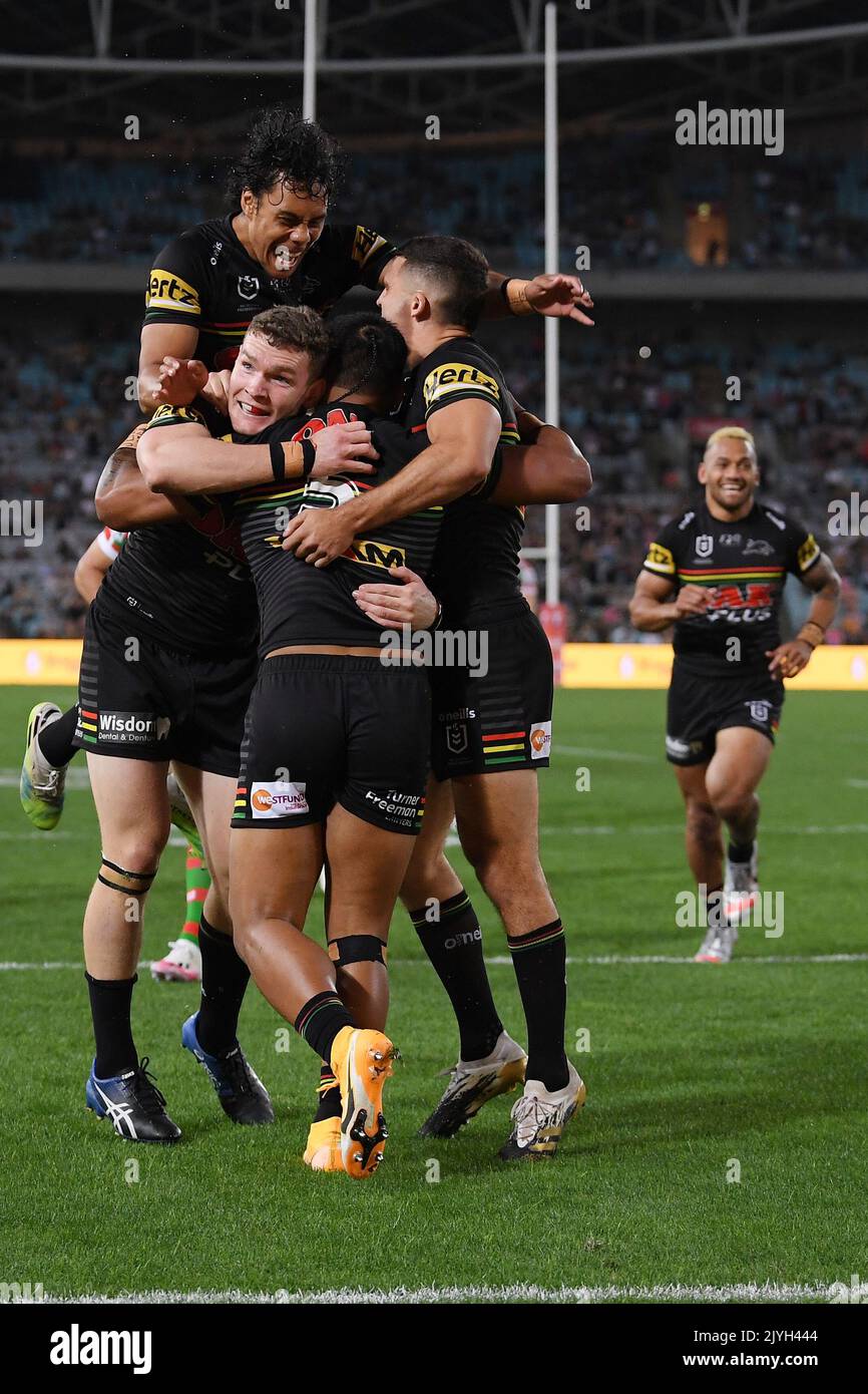 The Panthers celebrate Brian To'o try during the NRL Second Preliminary ...