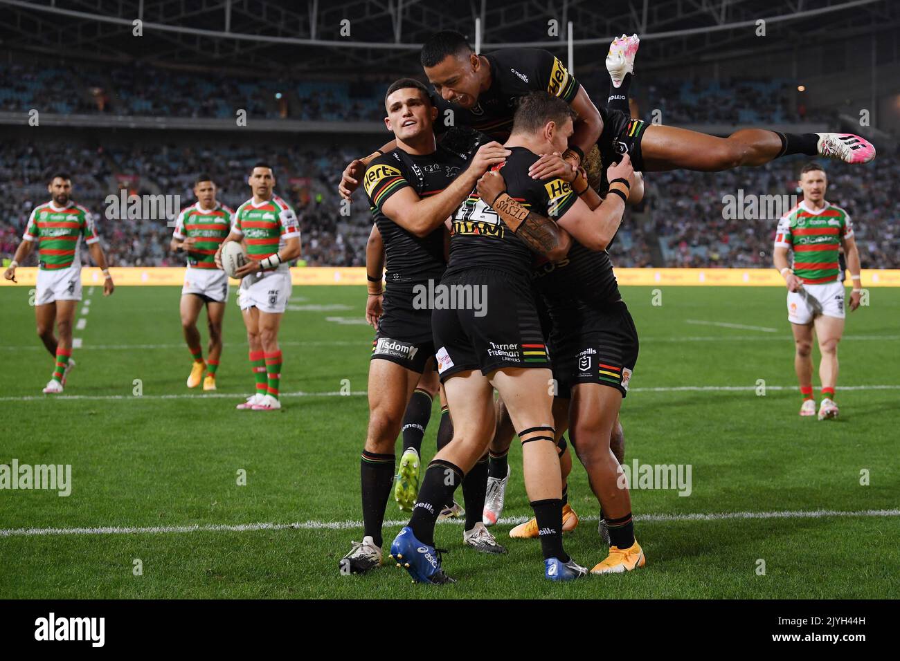 the Panthers celebrate Brian To'o try during the NRL Second Preliminary ...