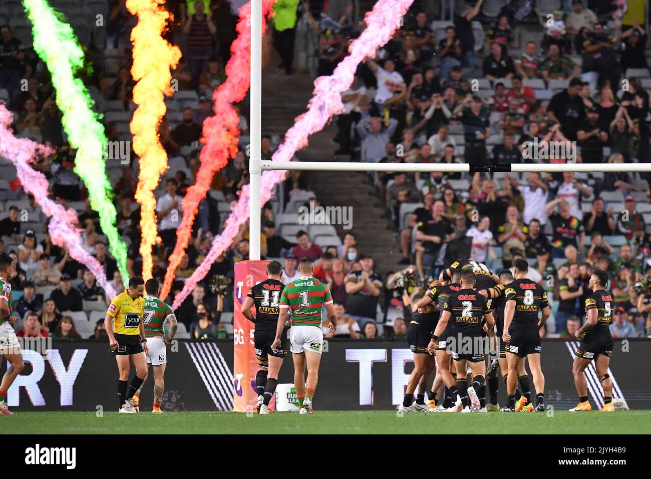 The Panthers celebrate Dylan Edwards' try during the NRL Second ...