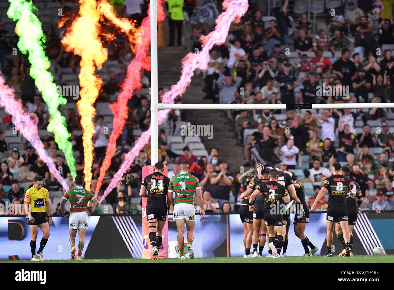 The Panthers celebrate Dylan Edwards' try during the NRL Second ...