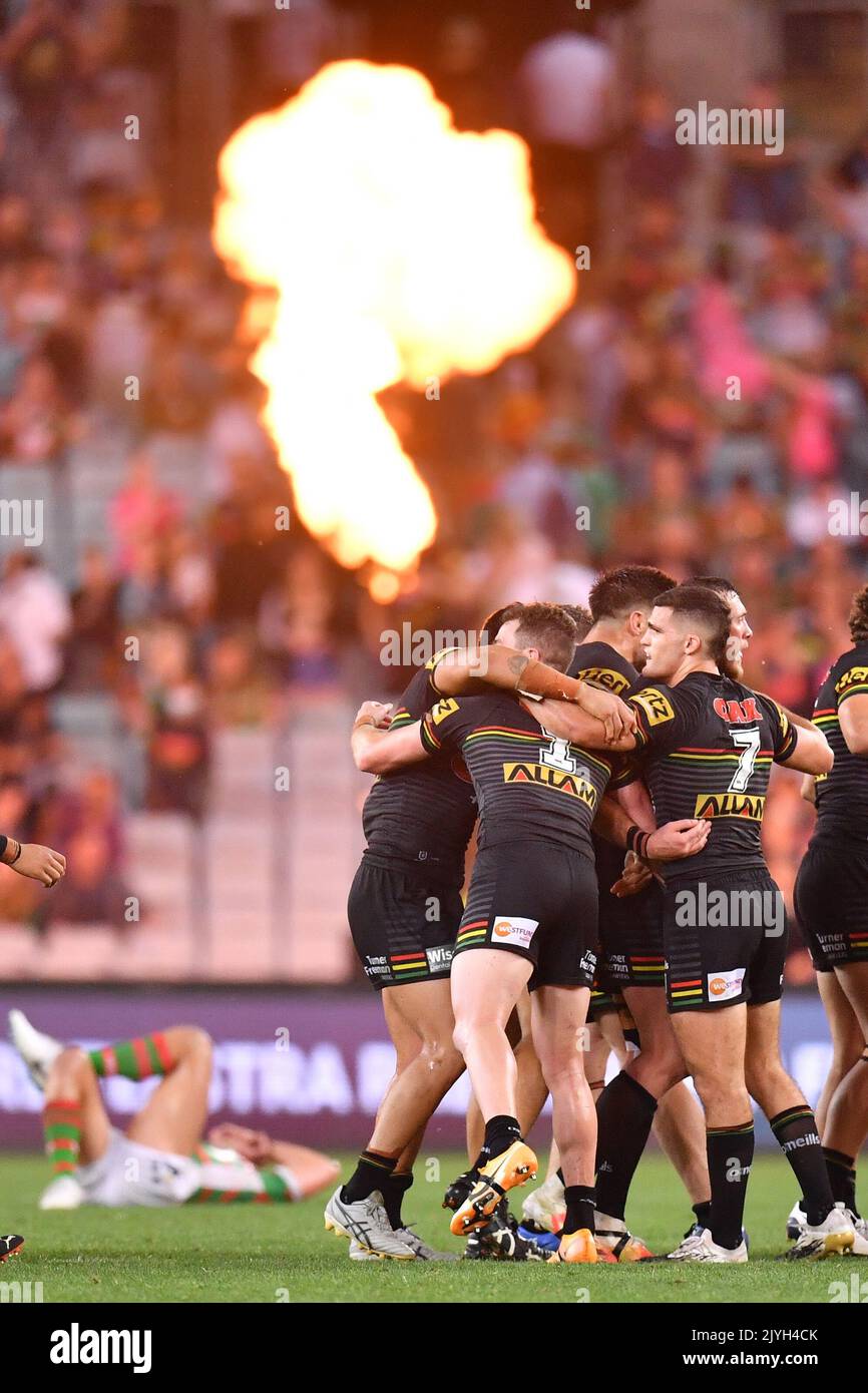 The Panthers celebrate their win over the Rabbitohs during the NRL ...